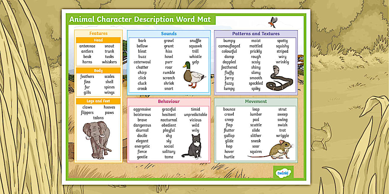 Animal Character Description Word Mat | Twinkl Originals KS2