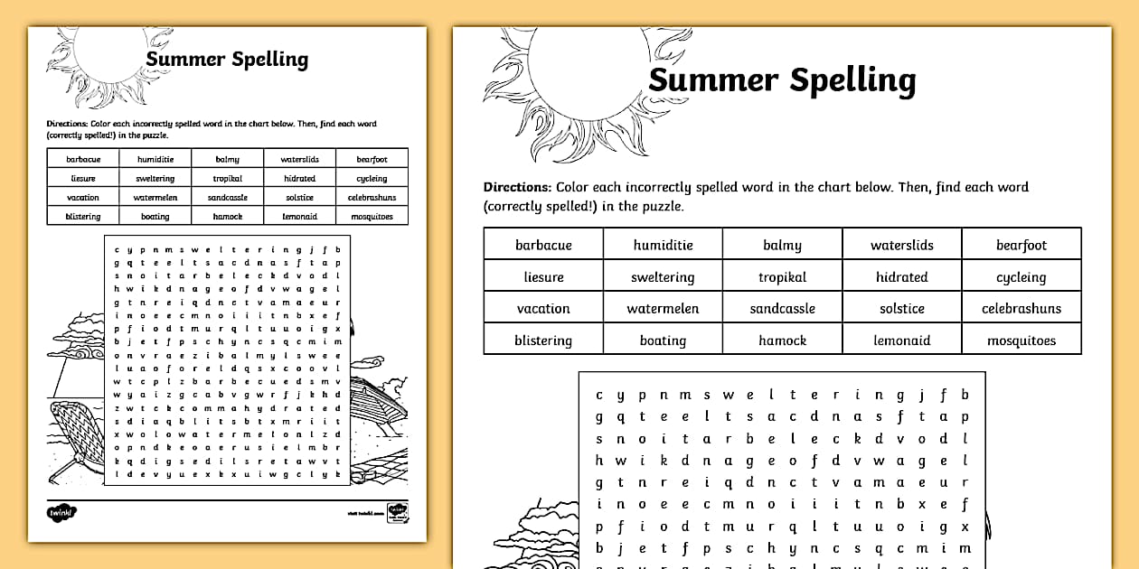 Summer Spelling Color and Find Word Search Worksheet for 6th-8th Grade