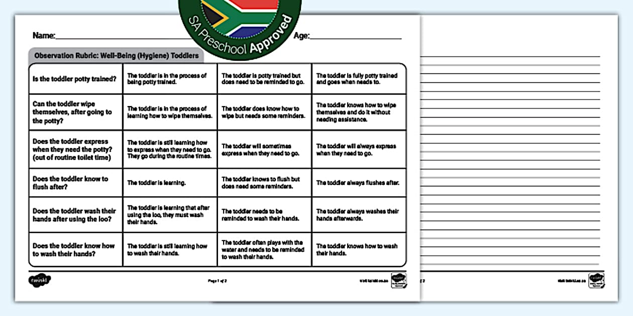Toddlers: Observation Rubric: Hygiene (teacher made)