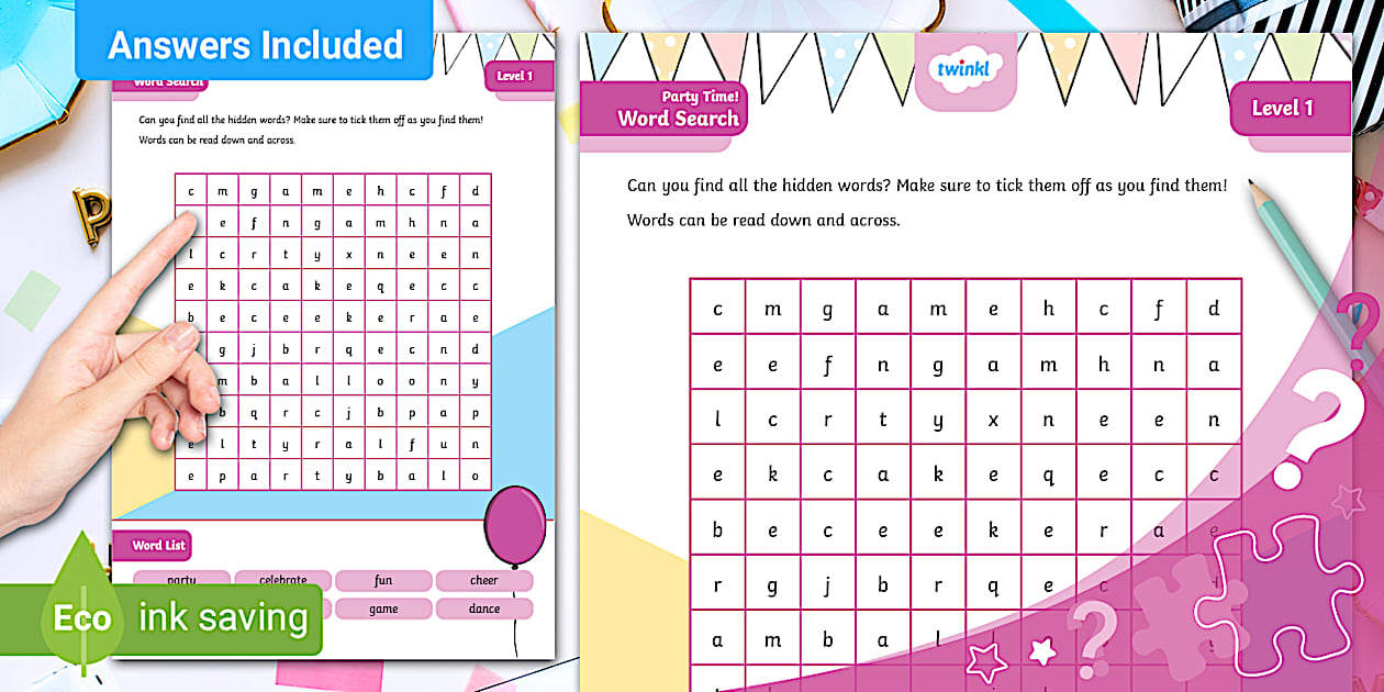 Party Time Fun Word Search Puzzle – L1 (teacher made)