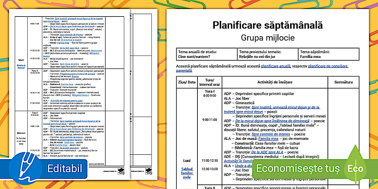 Familia mea Model de planificare săptămânală grupa mijlocie