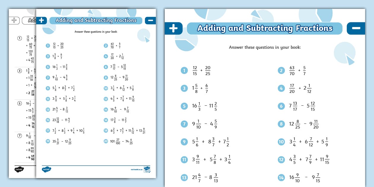 Adding And Subtracting Fractions Activity Sheet Twinkl