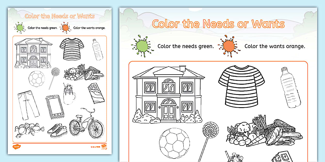 Color the Needs or Wants Worksheet (teacher made) - Twinkl