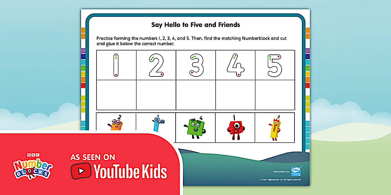 Numberblocks: 1-5 Trace, Cut, and Stick Worksheet - Twinkl