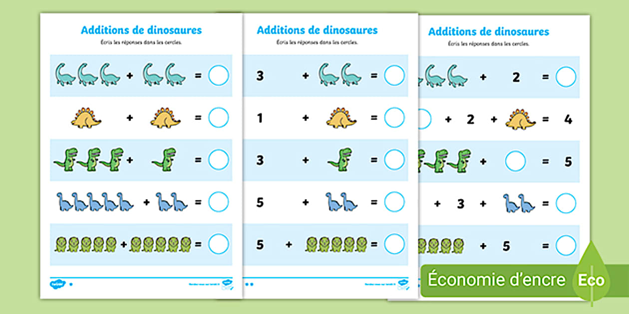 Fiches d'activités : additions avec des dinosaures - Twinkl