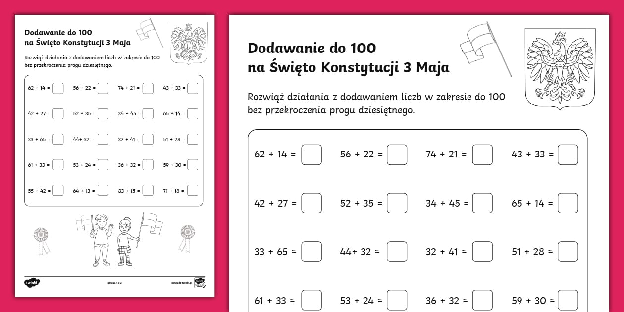 Dodawanie do 100 | Święto Konstytucji 3 Maja | Karta pracy