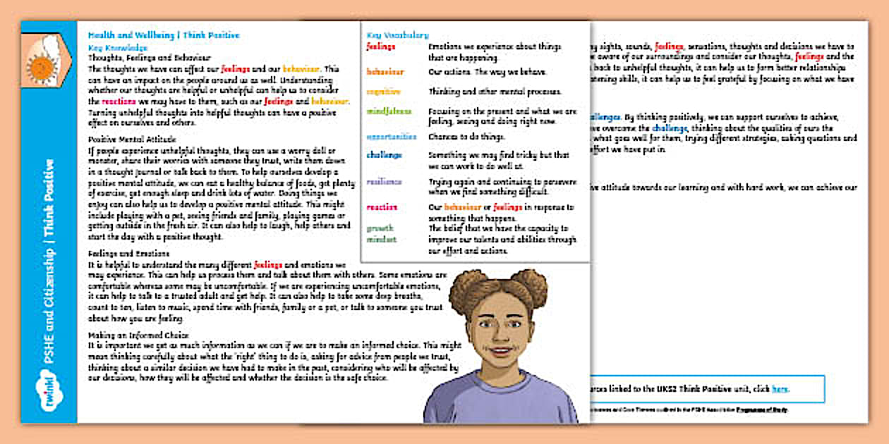 PSHE: UKS2 Think Positive - Knowledge Organiser - Twinkl