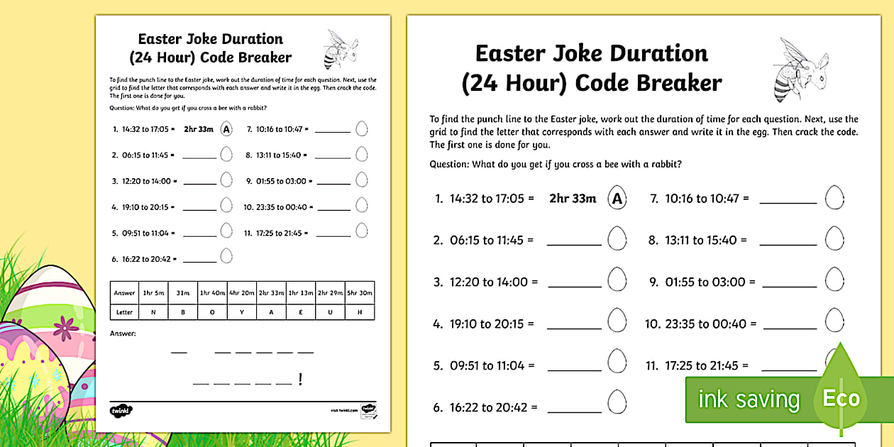 Easter Joke Time Duration (24-Hour Clock) Code Breaker Worksheet ...
