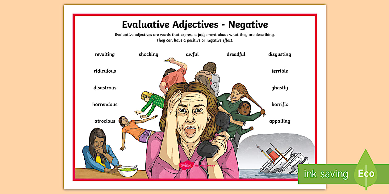 NSW Evaluative Adjectives Negative Word Mat - Twinkl