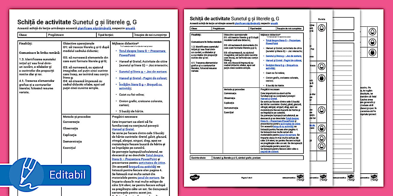 Sunetul g și literele g, G: Predare – Schiță de lecție