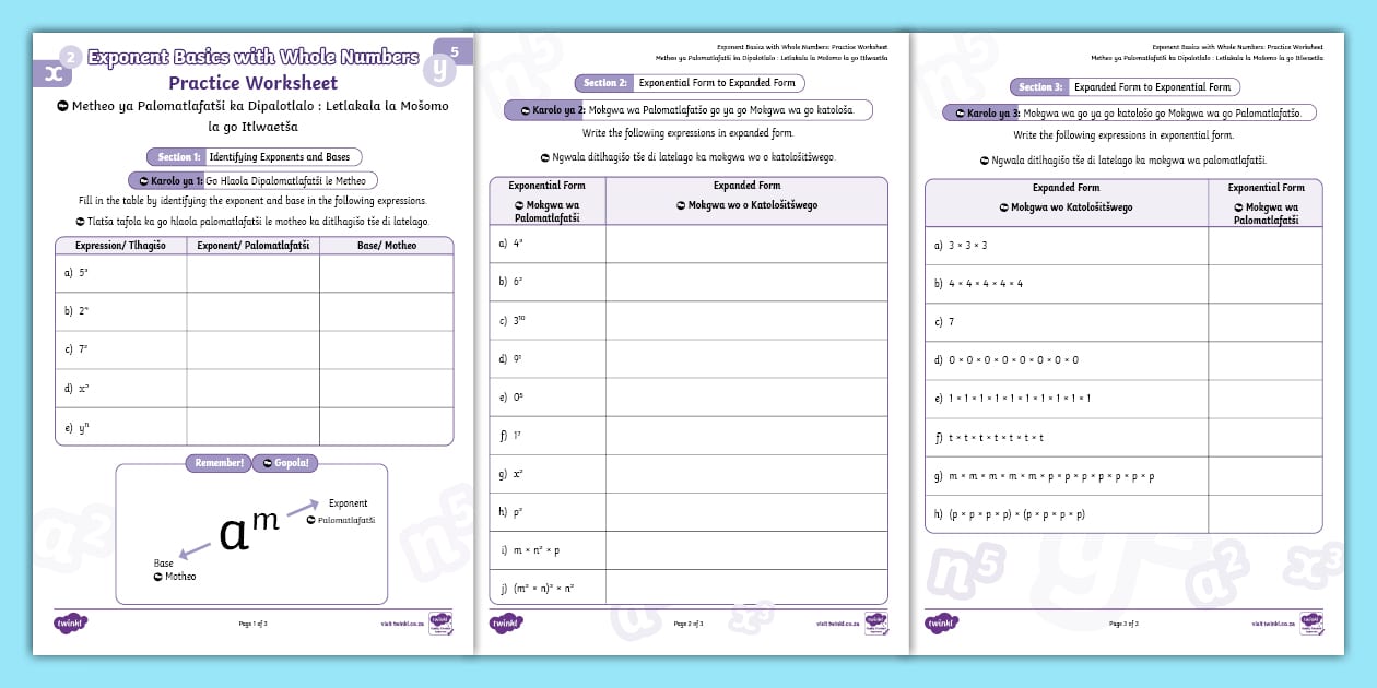 Exponent Basics with Whole Numbers Practice Worksheet Sepedi