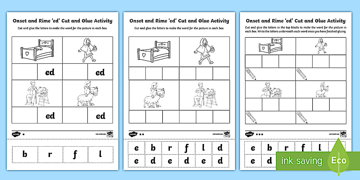 Onset and Rime 'ed' Cut and Glue Differentiated Worksheet / Worksheets
