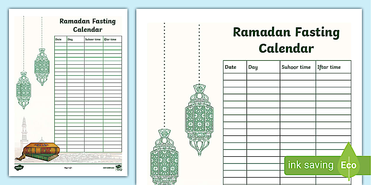 Ramadan Fasting Calendar - Twinkl - KS2 - Twinkl