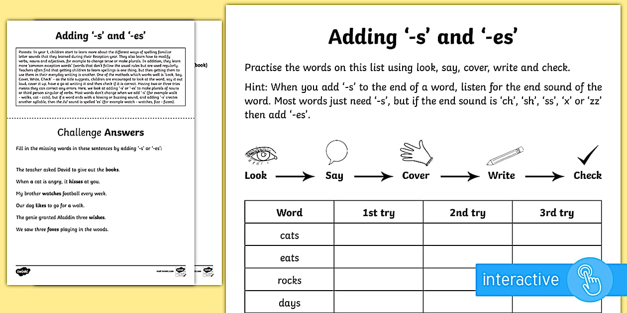 Year 1 Adding Suffixes Worksheet: '-s' and '-es' - ks1