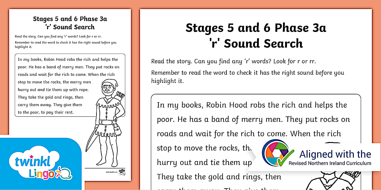 Northern Ireland Linguistic Phonics 3a 'r' Sound Search Worksheet
