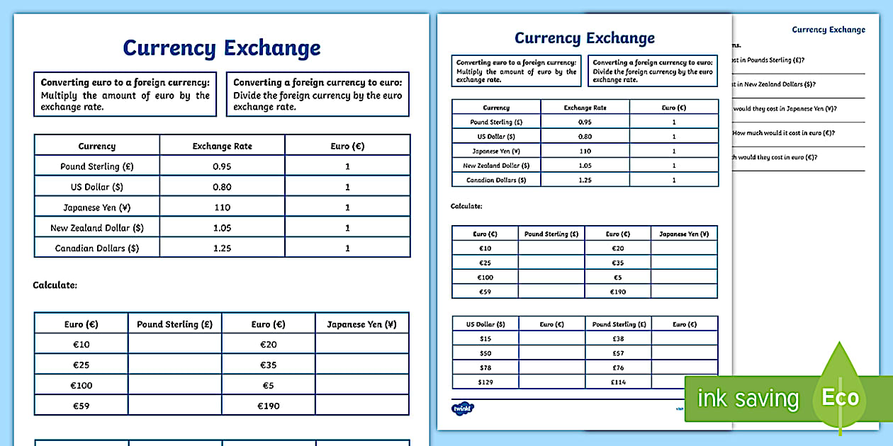 Currency Exchange Worksheet - Maths Conversion - Twinkl