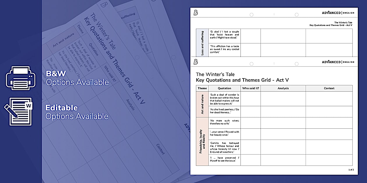 The Winter’s Tale: Act V Key Quotes Grid | Beyond - Twinkl
