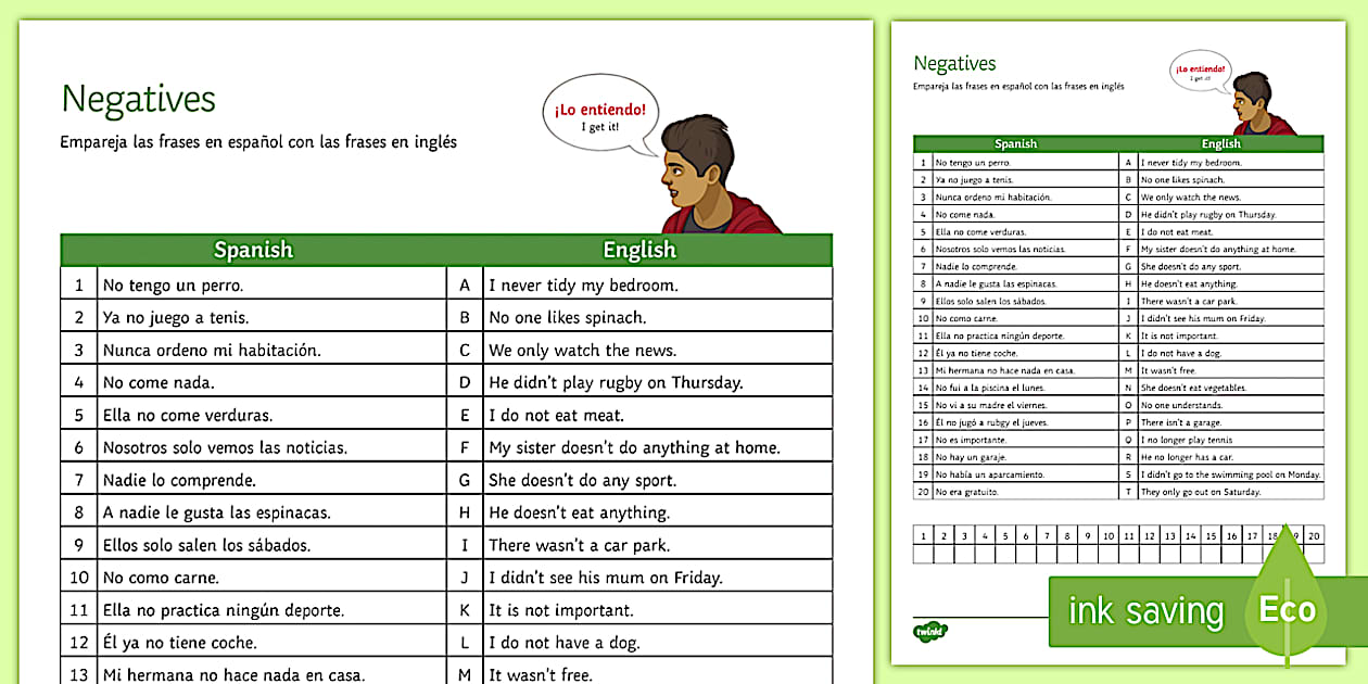 Black and White Spanish Negatives Match-Up Worksheet Spanish