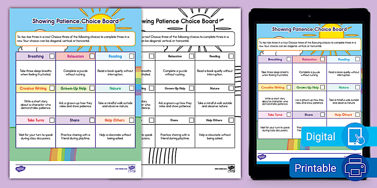 Showing Patience Choice Board for K-2nd Grade