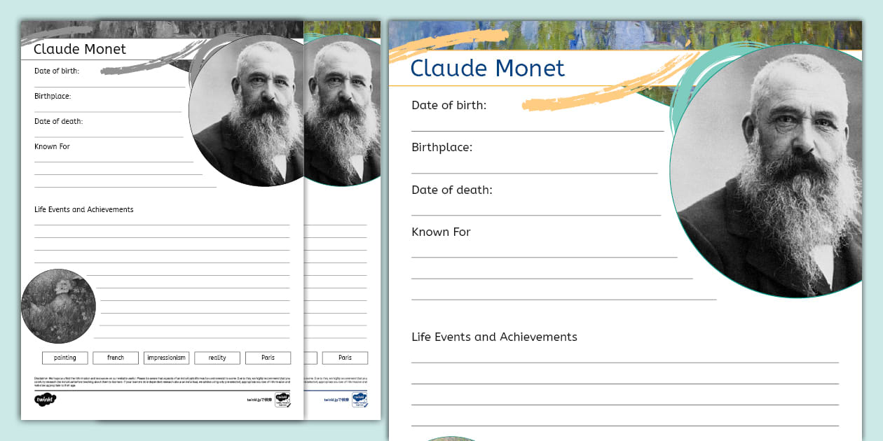Claude Monet Biography Template (Teacher-Made) - Twinkl