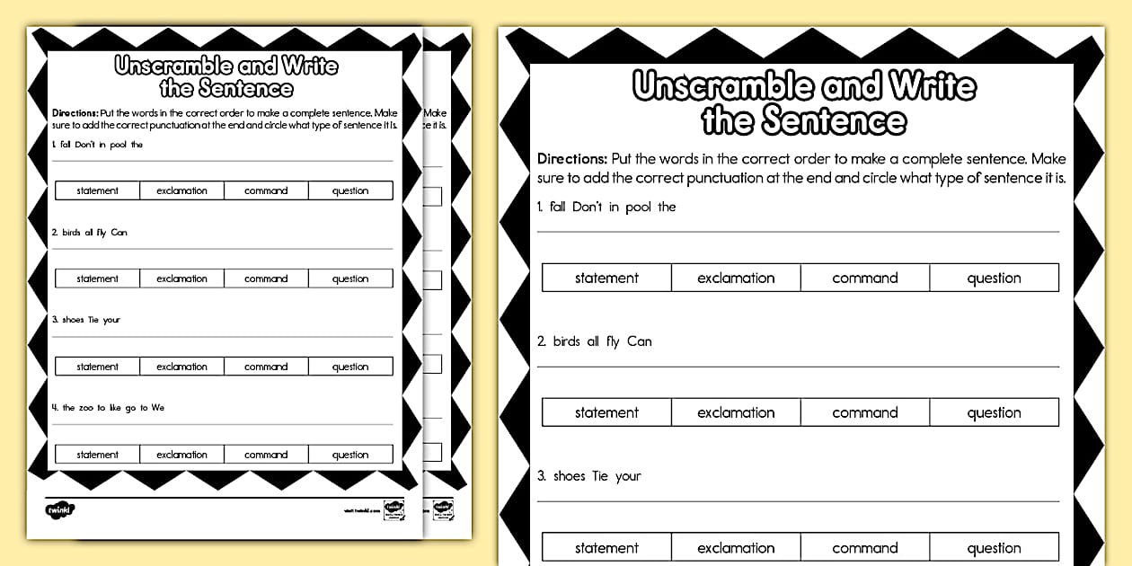 First Grade Types of Sentences Unscramble and Write Worksheet