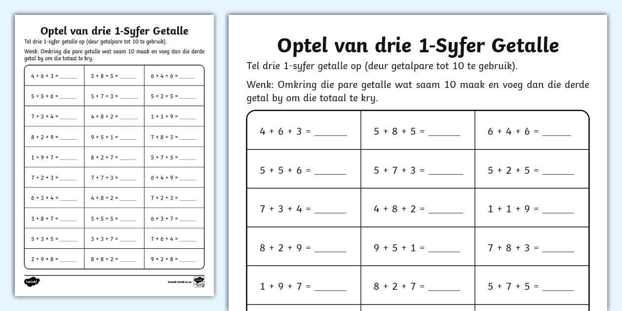 Graad 1 Wiskunde Tel Drie 1-Syfer Getalle Op Deur Getalfeite Tot 10 Te ...