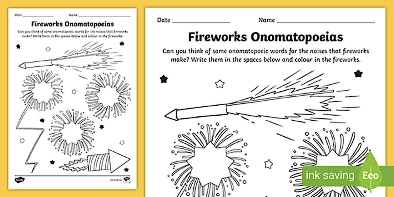 Firework Onomatopoeias Worksheet / Worksheet - Twinkl