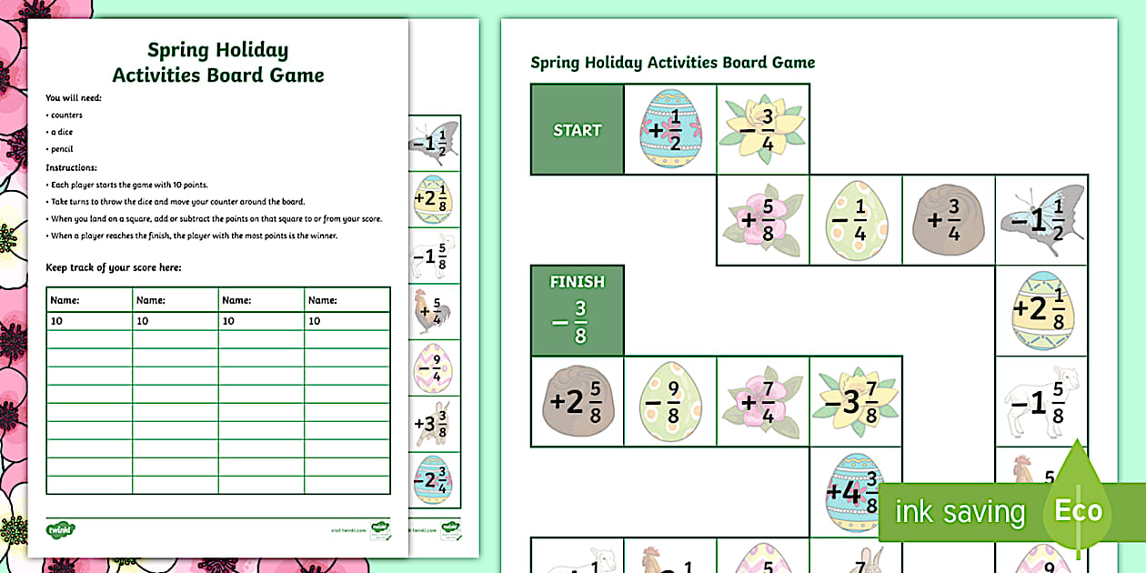 Spring-Themed Holiday Activities Addition and Subtraction of Fractions ...