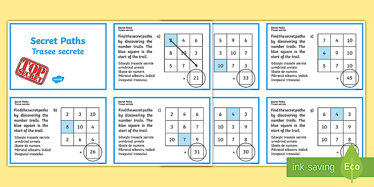 Secret Addition Number Paths Challenge Cards English/Romanian - Secret