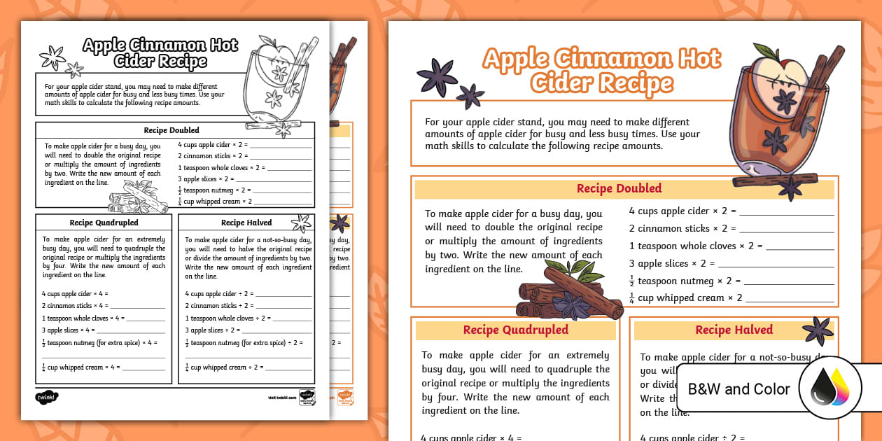 Apple Cinnamon Hot Cider Recipe Multiplication and Division Worksheet for