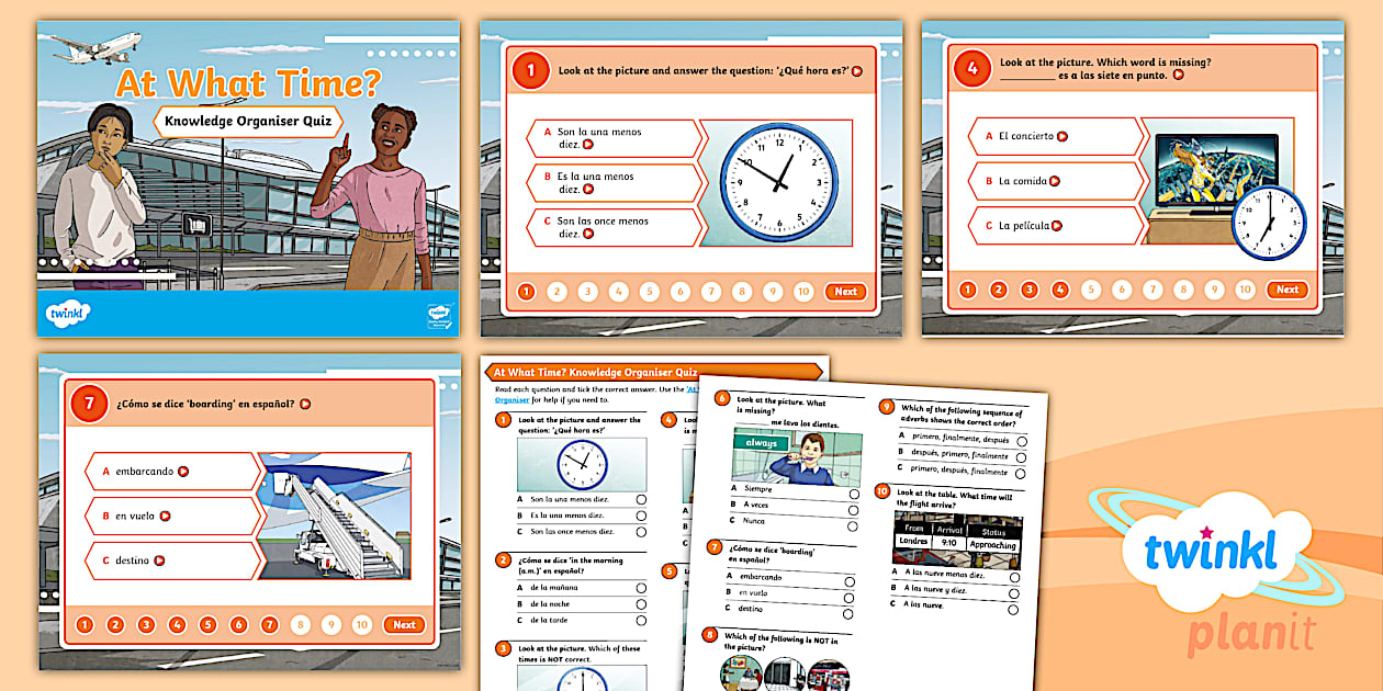 👉 Spanish: At What Time?: Knowledge Organiser Quiz Pack