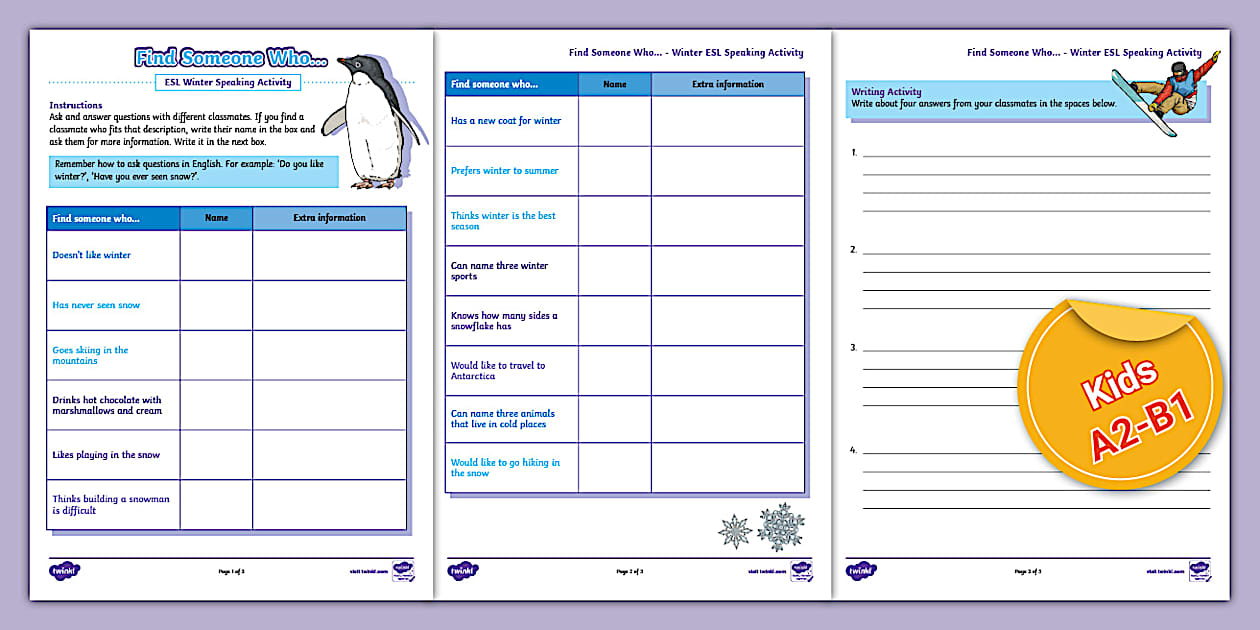 ESL Winter 'Find Someone Who' Speaking Activity