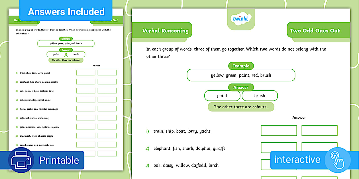 Verbal Reasoning - 2 Odd Ones Out - Twinkl Puzzled - Twinkl