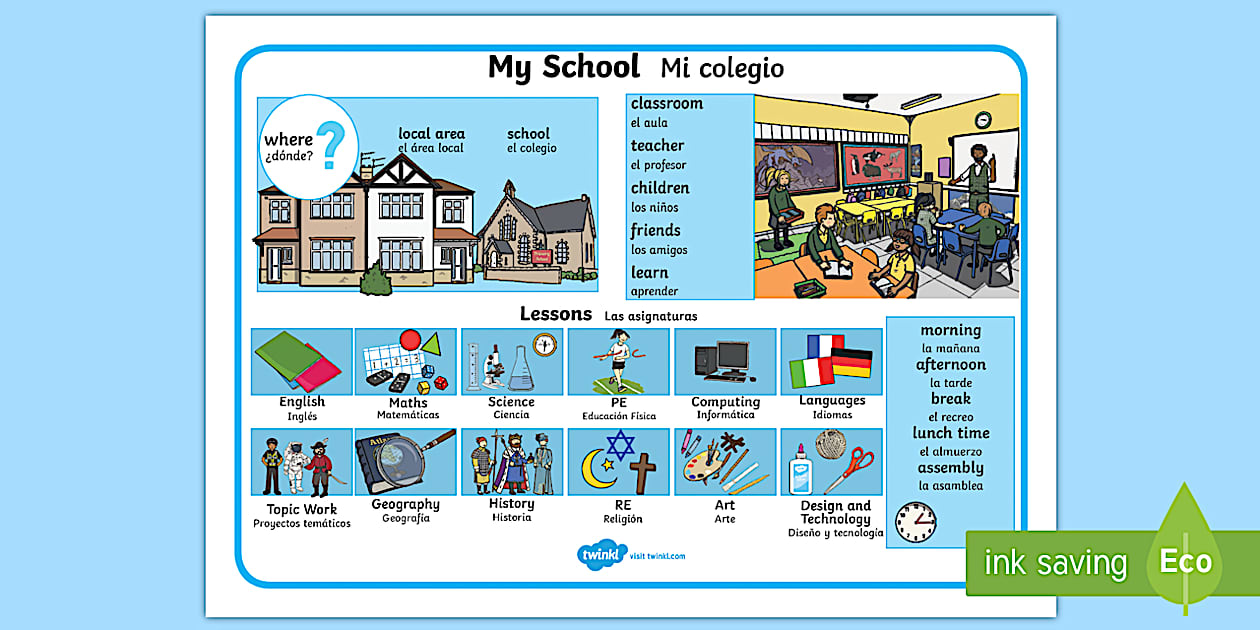 My School Word Mat - English / Spanish - EAL, My School Word Mat