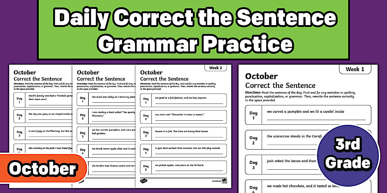 Third Grade October Daily Correct the Sentence Grammar
