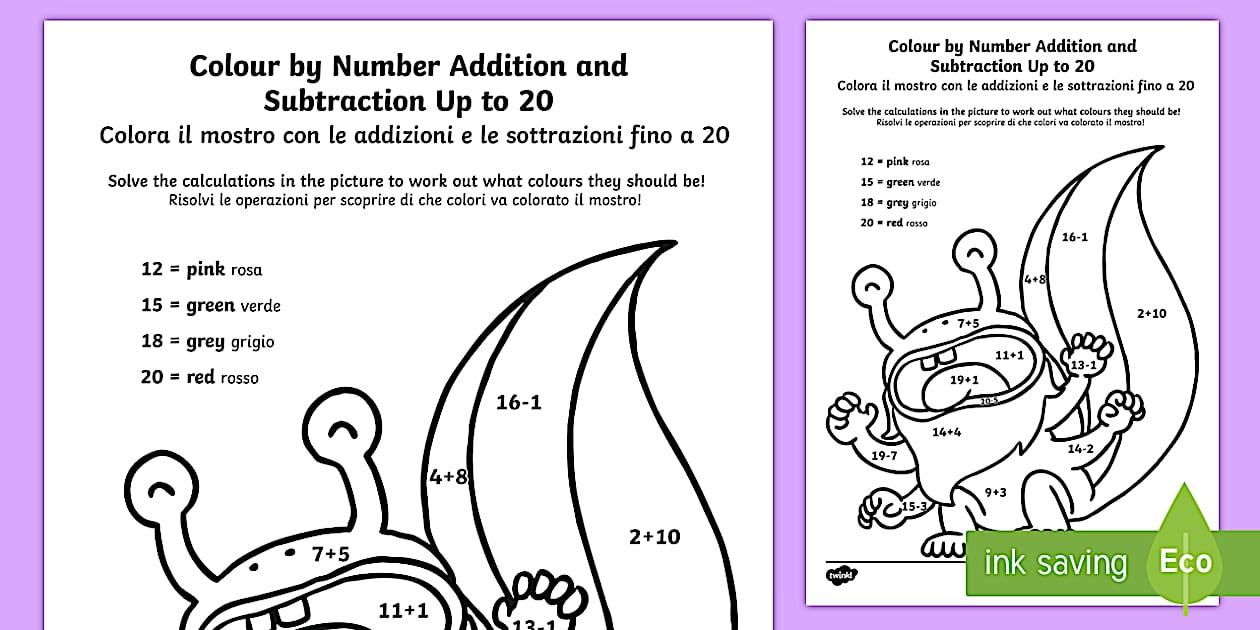 Monsters Colour by Number Addition and Subtraction Up to 20 English/Italian