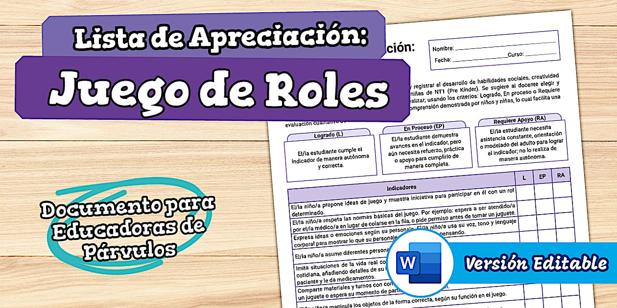 Lista de Apreciación | Juego de roles | Pre-Kínder | NT1