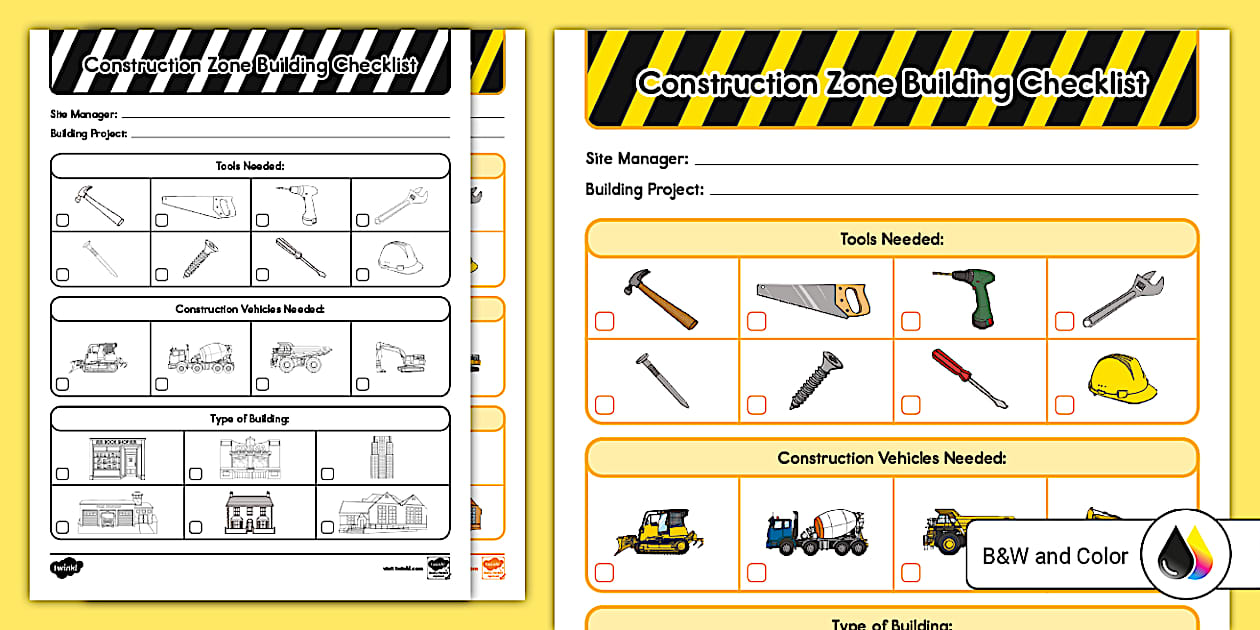 Construction Zone Dramatic Play Building Checklist - Twinkl