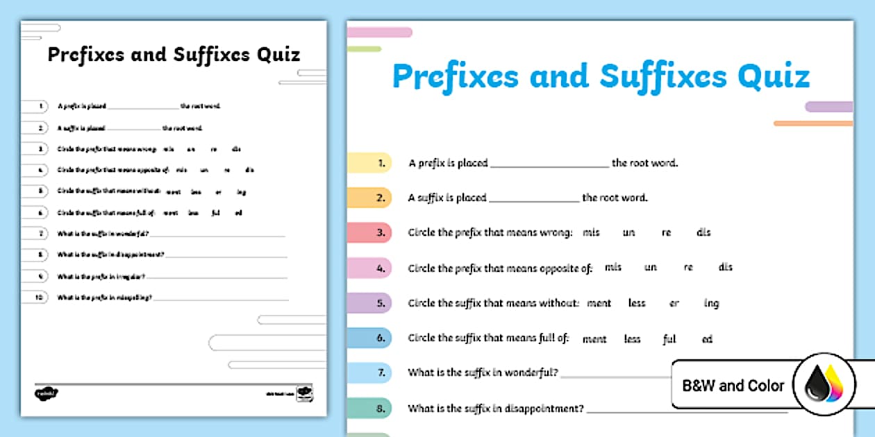 Prefixes and Suffixes Quiz for 3rd-5th Grade - Twinkl