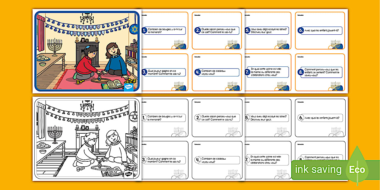 Hanukkah Primary Scene and Question Cards French - Twinkl