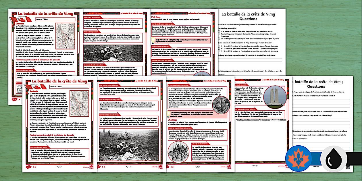 Vimy Ridge Differentiated Reading Comprehension Grade 7/8 French