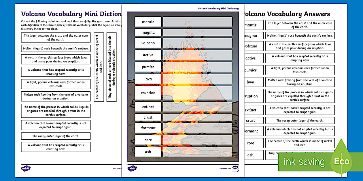 Volcano Vocabulary Mini Dictionary Worksheet / Worksheet