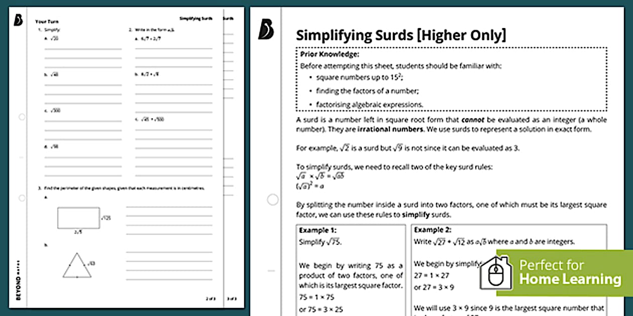 👉 GCSE Maths Surds Worksheet | Beyond - Twinkl