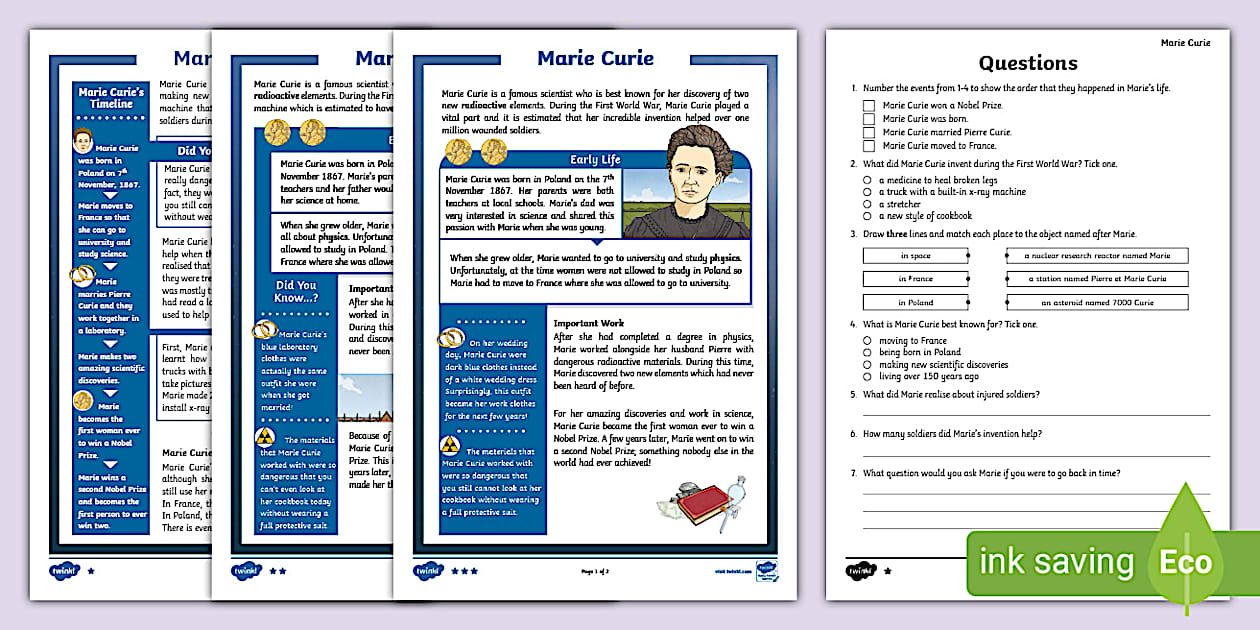 LKS2 Marie Curie Differentiated Reading Comprehension