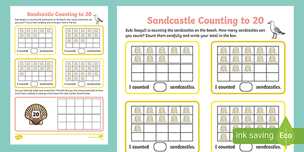 👉 Sandcastle Counting to 20 Worksheet - Twinkl