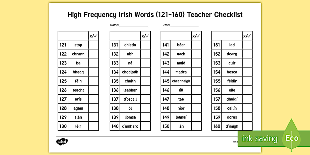 Editable High Frequency Irish Words (121-160) Teacher Checklist Gaeilge