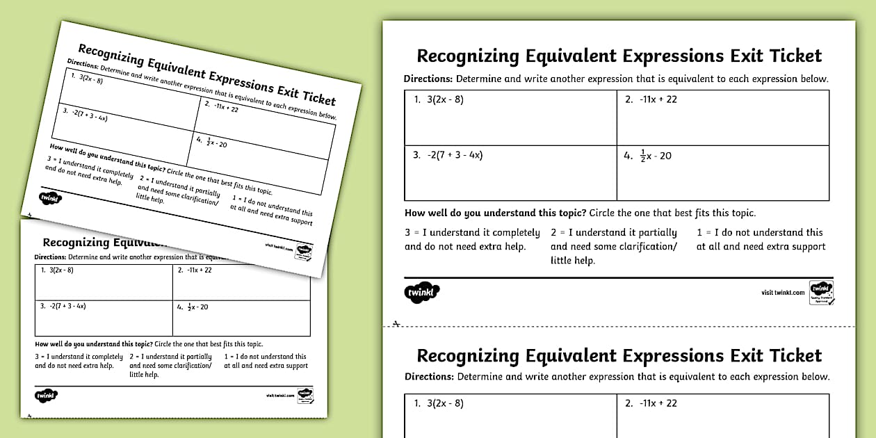 Seventh Grade Recognizing Equivalent Expressions Exit Ticket