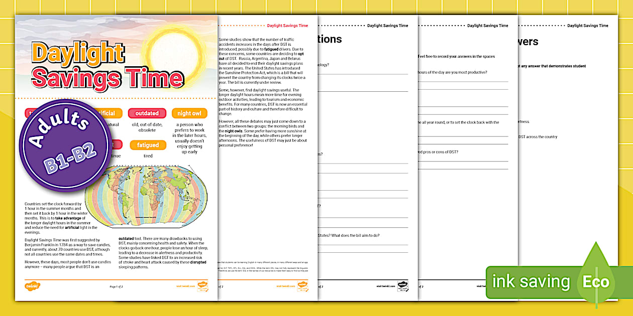 Reading Comprehension Daylight Savings Time Adult Business English Twinkl