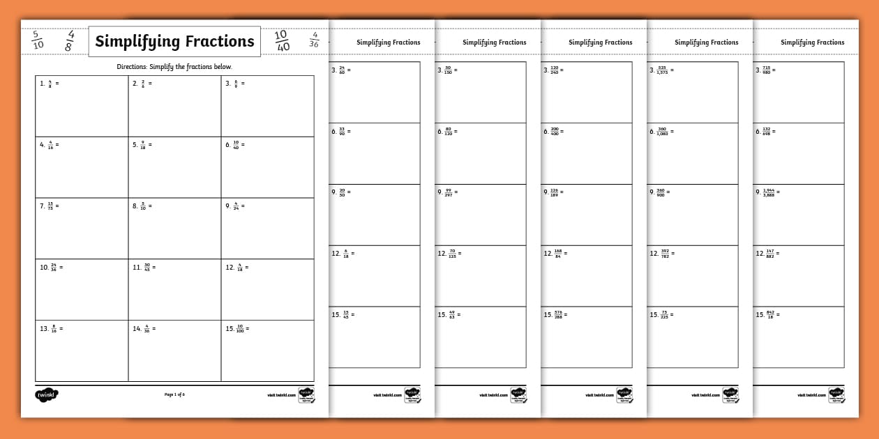 Sixth Grade Simplifying Fractions Worksheet Practice Pack