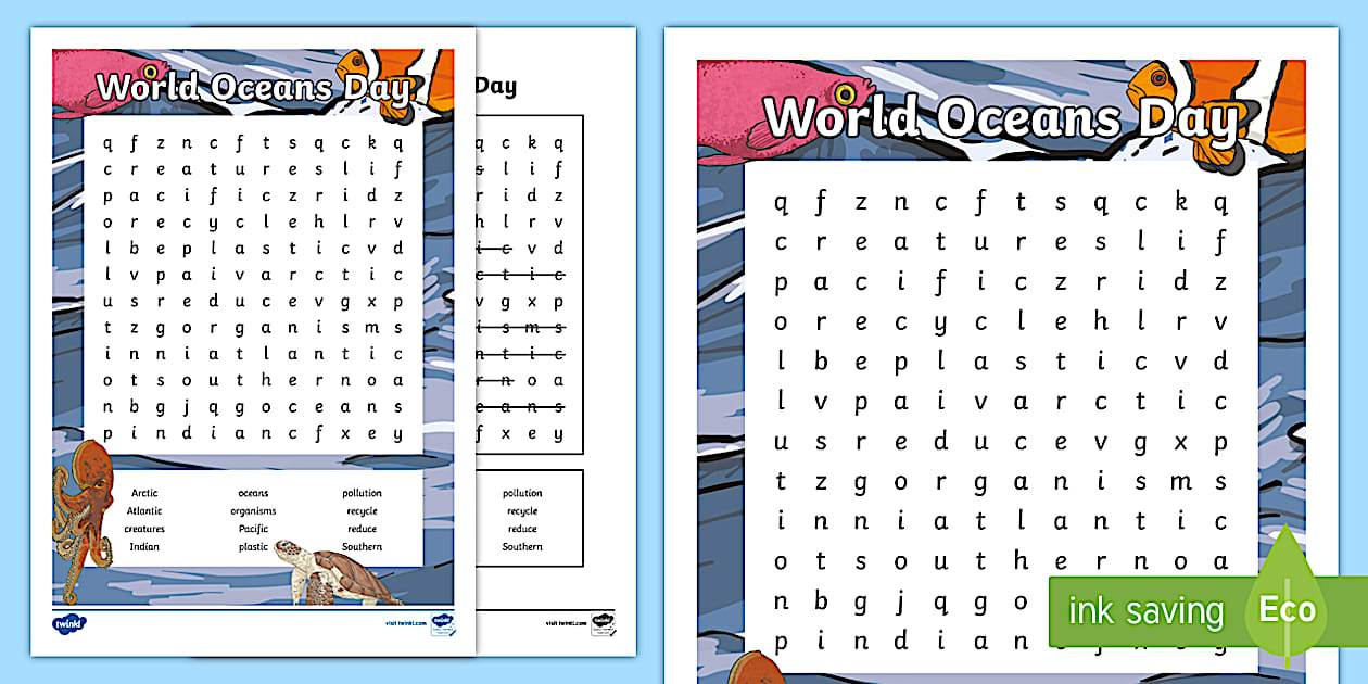Black and White World Oceans Day Word Search (teacher made)